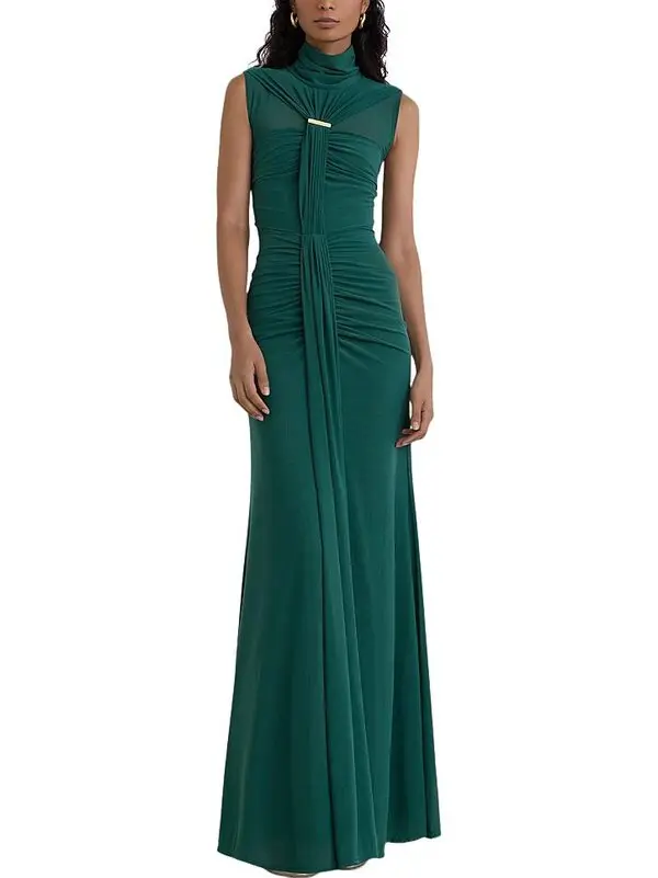 REISS Ruched High Neck Sleeveless Maxi Dress - Blue