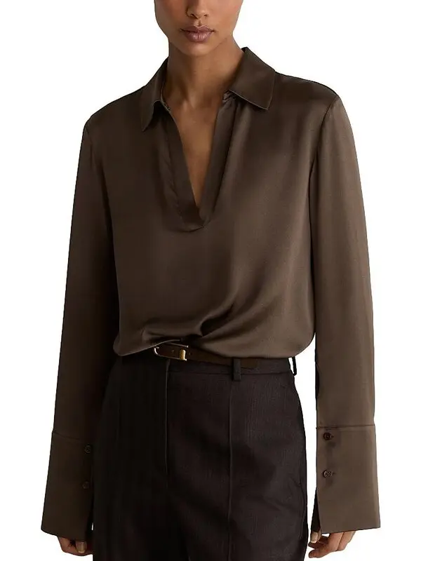 REISS Marina Silk V-neck Top - Mocha Brown