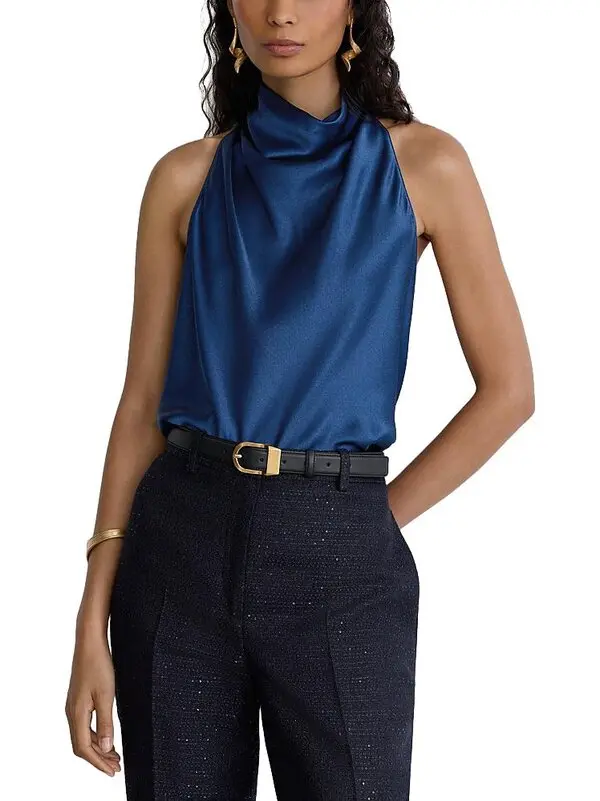 REISS Cowl Neck Silk Top - Navy