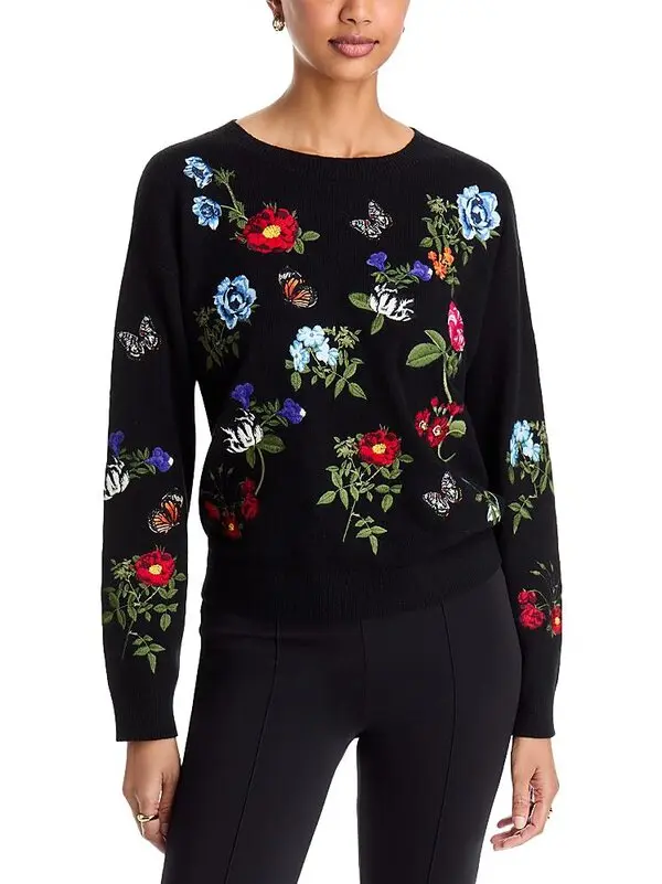 Alice + Olivia Teanna Embroidered Crewneck Sweater - Black Multi