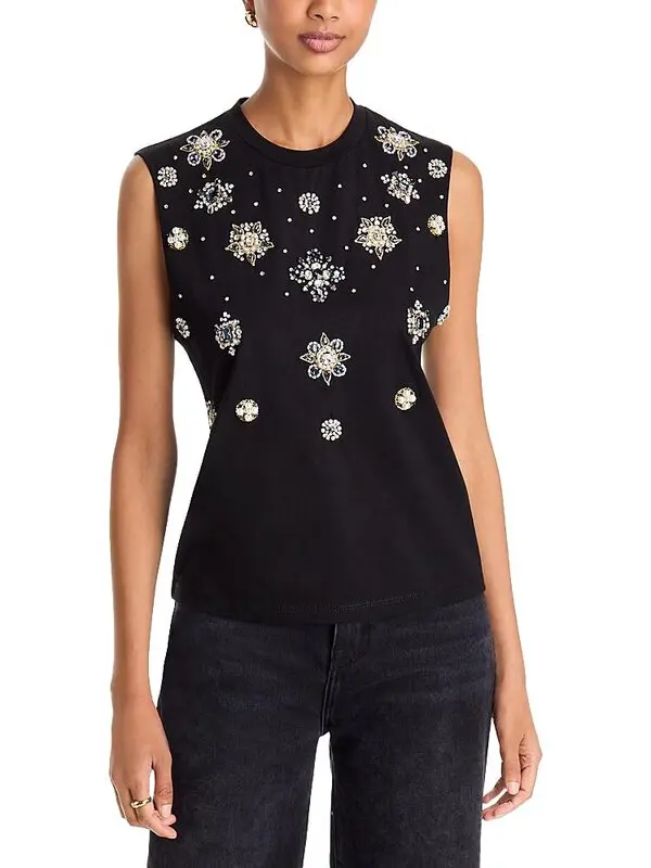 Alice + Olivia Cotton Embellished Sleeveless Top - Black/multi