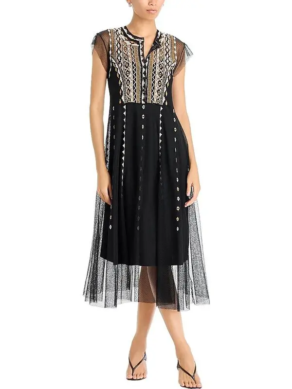 Johnny Was Luisella Mesh Midi Dress - Black