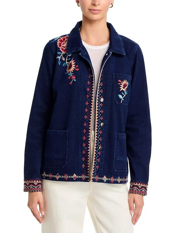 Johnny Was Nadia Embroidered Cotton Chore Jacket - Navy