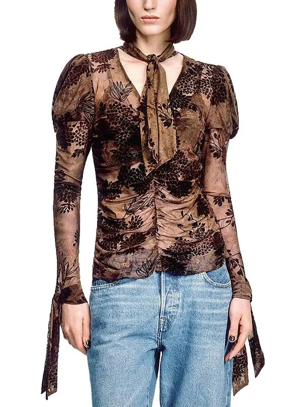 Anna Sui Dahlia Tulle Knit Long Sleeve Top - Chocolate