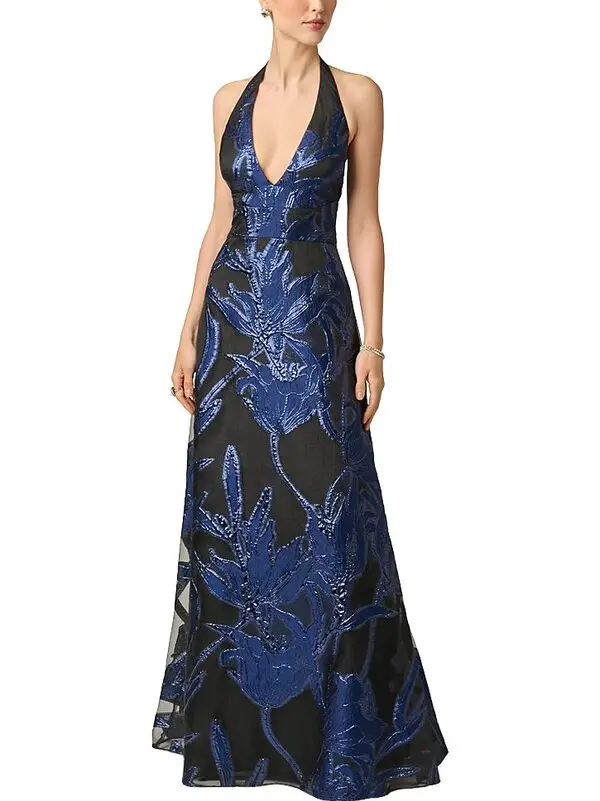 Aidan Mattox Organza Jacquard Plunge Neck Gown - Navy/black