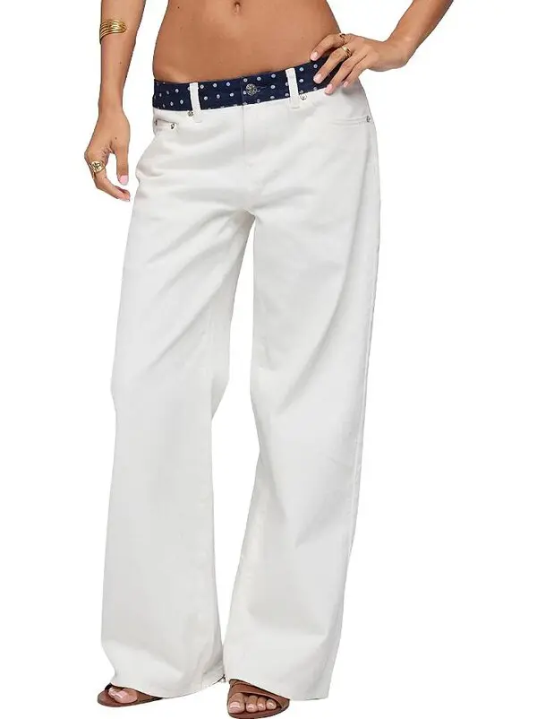 EDIKTED Polka Dot Waistband Low Rise Baggy Jeans - White