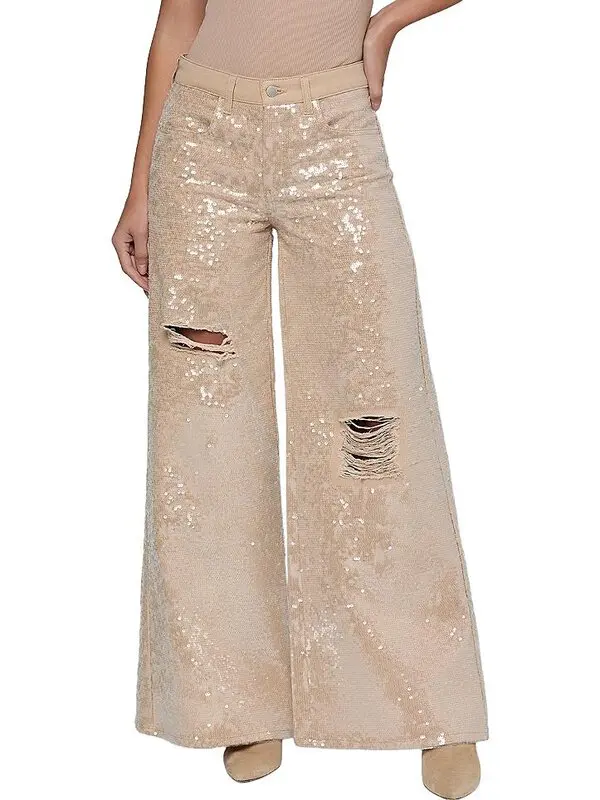 L'Agence Quincy Sequin High Rise Wide Leg Jeans - Light Almond
