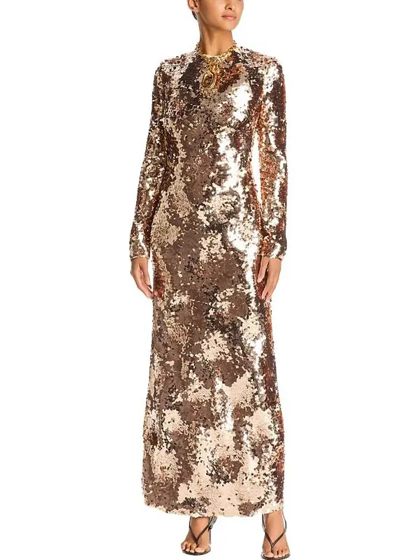 Rabanne Sequined Long Sleeve Maxi Dress - Rose Gold/yellow