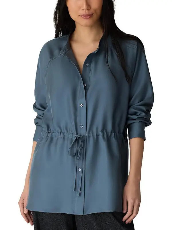 Eileen Fisher Silk Mandarin Collar Shirt With Drawstring Waist - Cold Spring