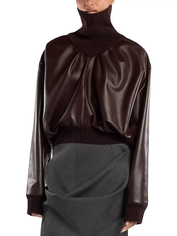 Victoria Beckham Leather Knit Trim Long Sleeve Top - Cassis