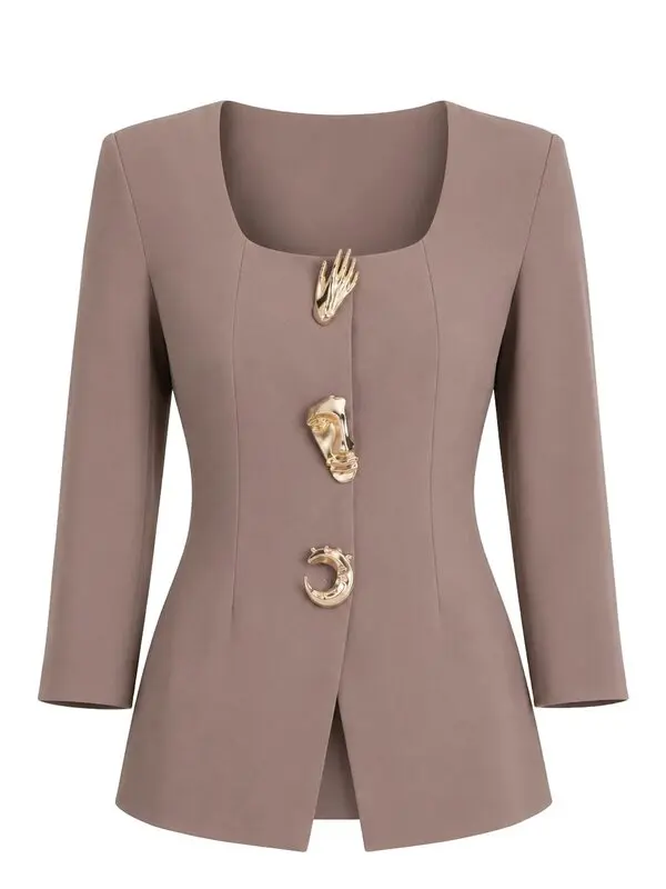 BAIJAN Sculpted Silhouette Blazer With Embellished Brooches - Brown