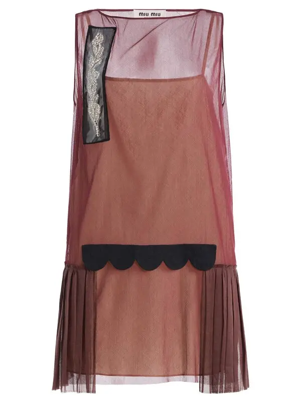 Miu Miu Embroidered Tulle Mini Dress - Red