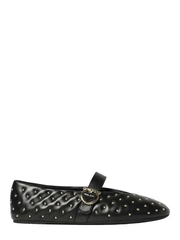FERRAGAMO Gancini Buckle Studded Nappa Mary Jane Flats - Black