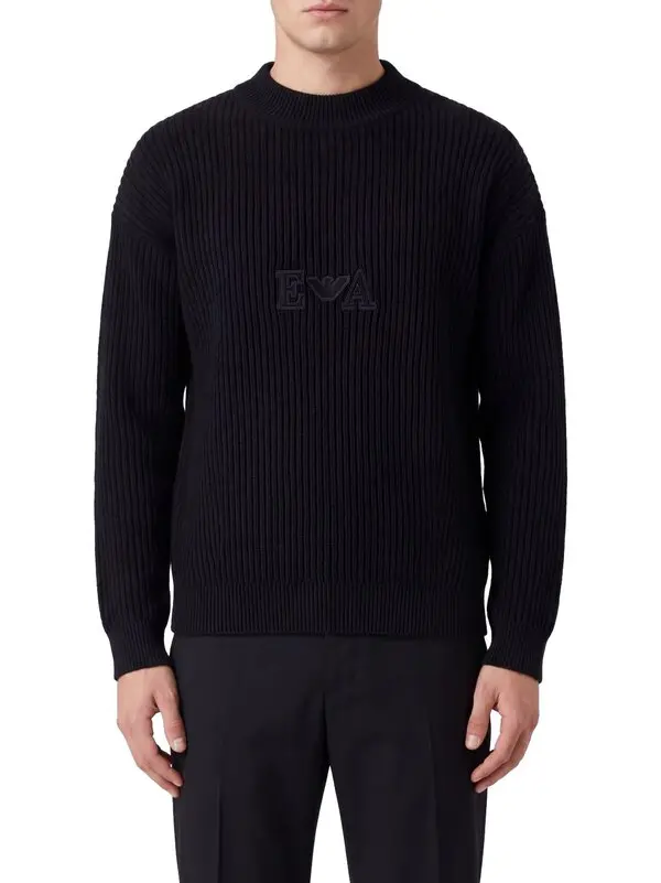 Emporio Armani Cotton Blend Crewneck Jumper With Tone-on-tone Logo - Black