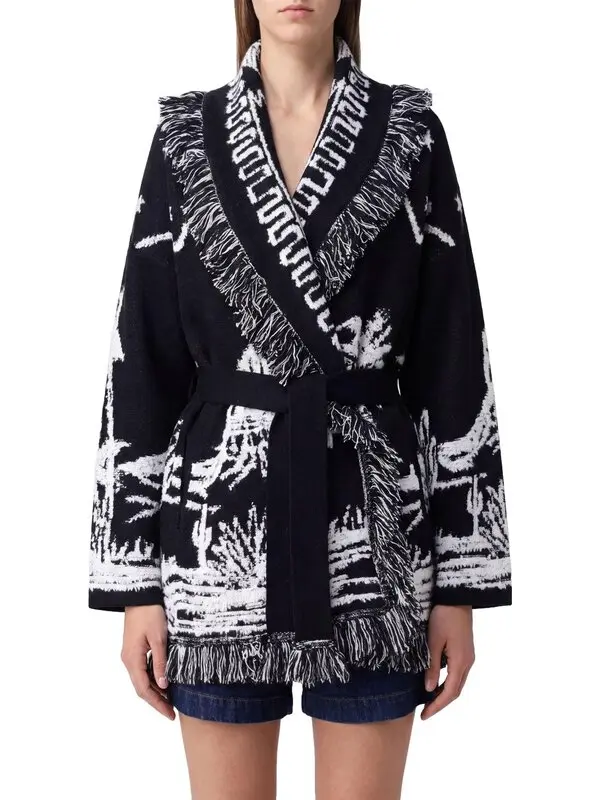 Alanui Jacquard Cashmere And Wool Cardigan With Fringes And Belt - Black
