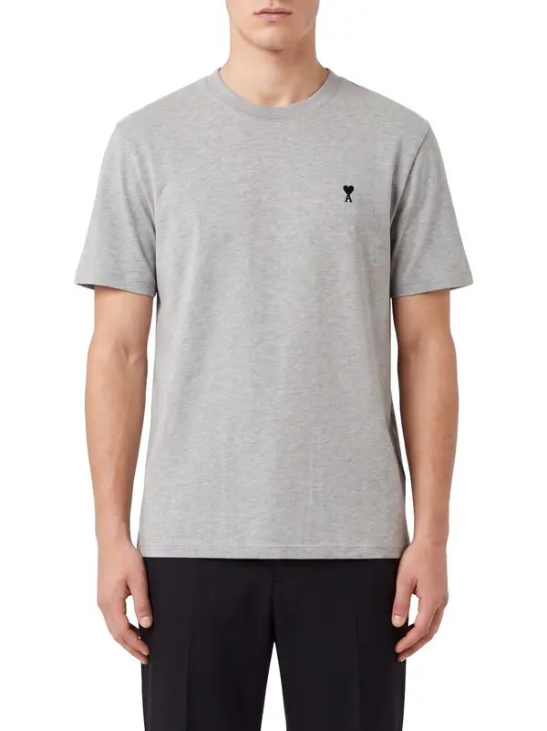 AMI Paris Crewneck Cotton T-shirt With Embroidered De Coeur Logo And Dropped Shoulders - Grey