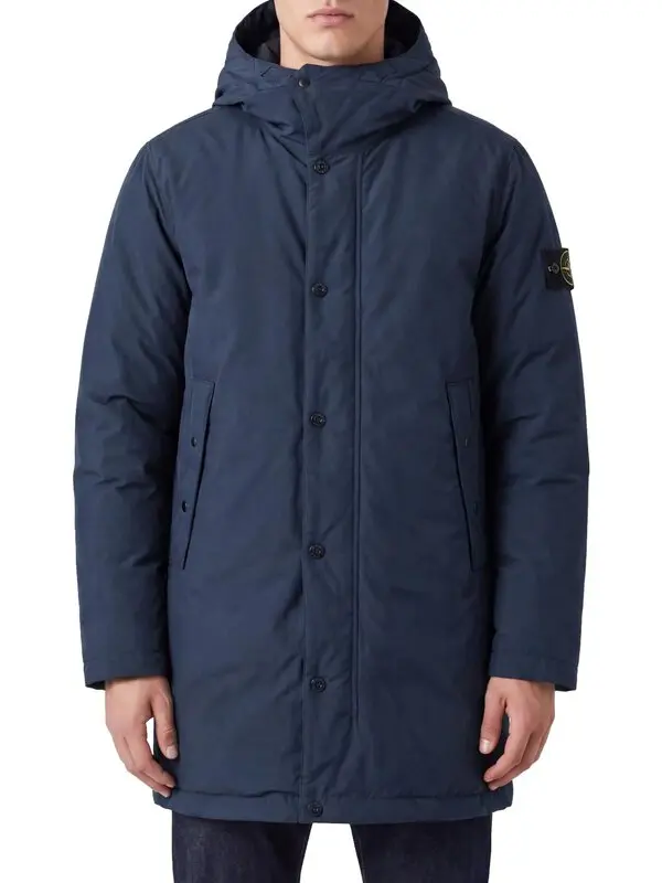 Stone Island Recycled Technical Fabric Short Parka With Hood And Logo Badge - Navy