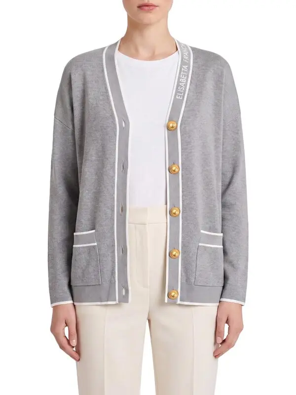 Elisabetta Franchi Virgin Wool Cardigan With Contrast Trims And Logo - Grey