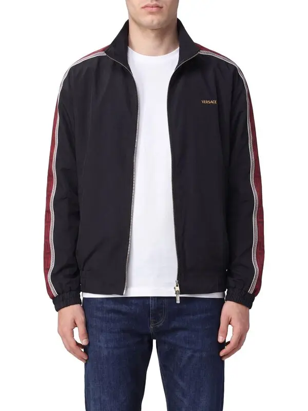 Versace Technical Fabric Zip-up Sweatshirt With Contrast Logo - Black