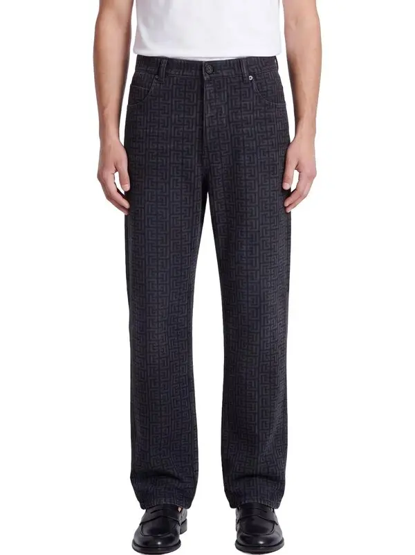 Balmain Straight Fit Pb Monogram Jacquard Denim Jeans - Black