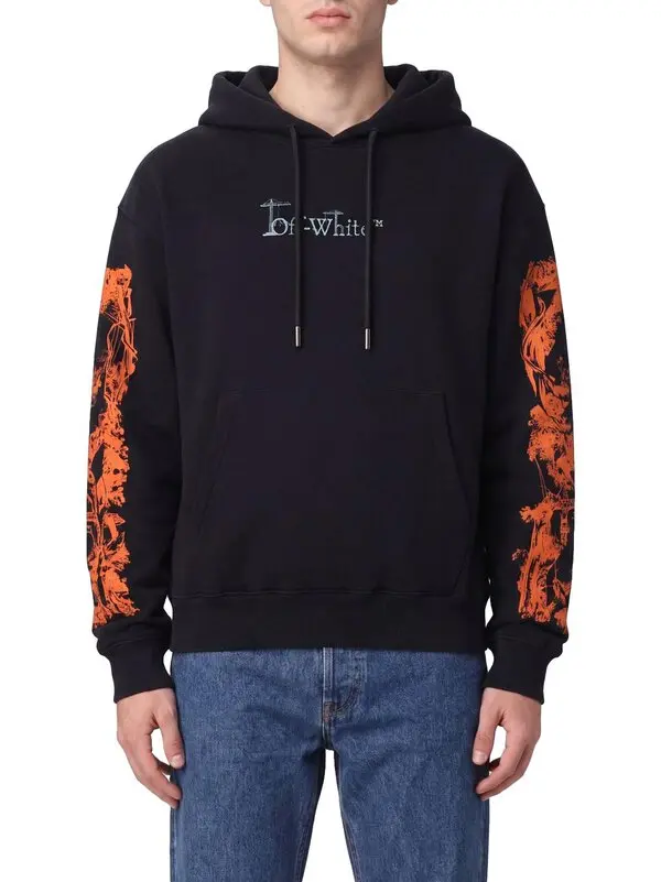 Off-White Cotton Hoodie With Back Arrow Logo - Black