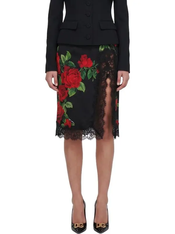 Dolce & Gabbana Floral Embroidered Silk Midi Pencil Skirt With Lace - Black