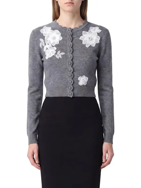 SELF-PORTRAIT Slim Fit Wool And Cashmere Cardigan With Floral Appliqu - Grey