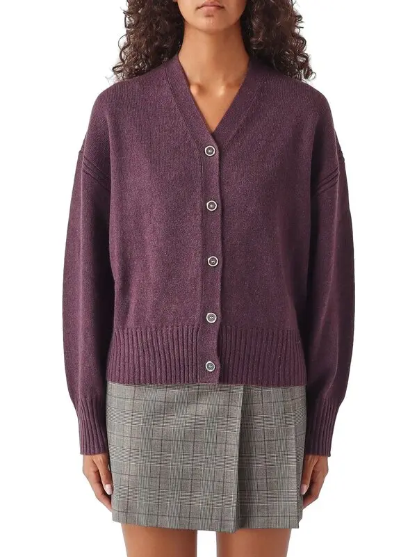 Pinko V-neck Wool And Cashmere Blend Cardigan With Button Closure - Plum