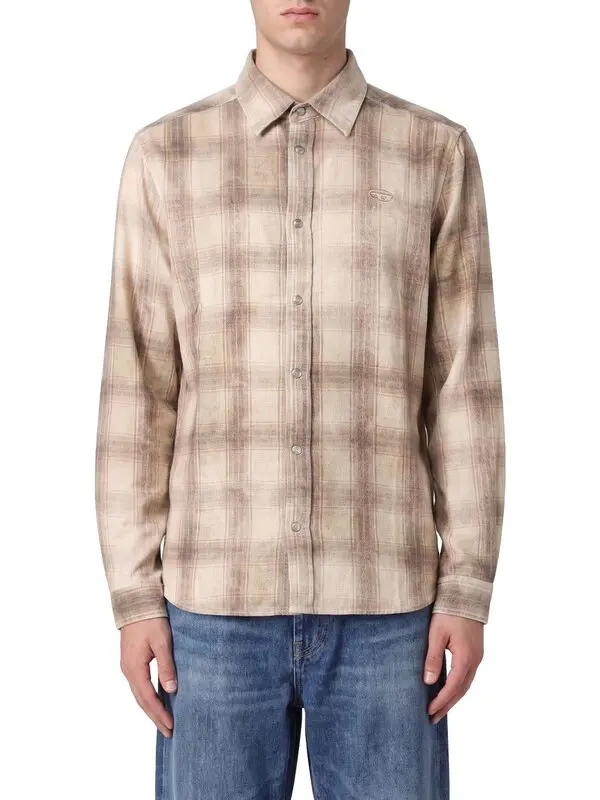 DIESEL® S-simply-jmcm Check Lyocell Shirt With Embroidered Oval D Logo - Beige