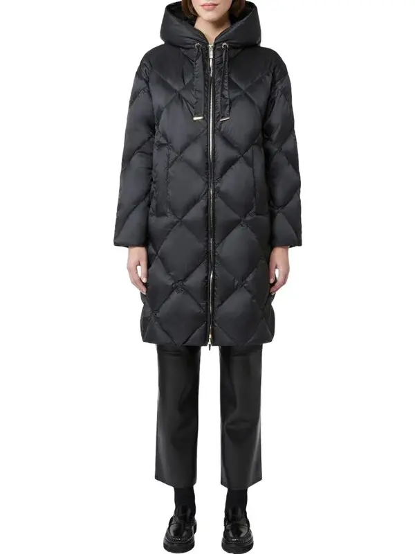 Max Mara Long Quilted Nylon Down Jacket With Drawstring Hood - Black