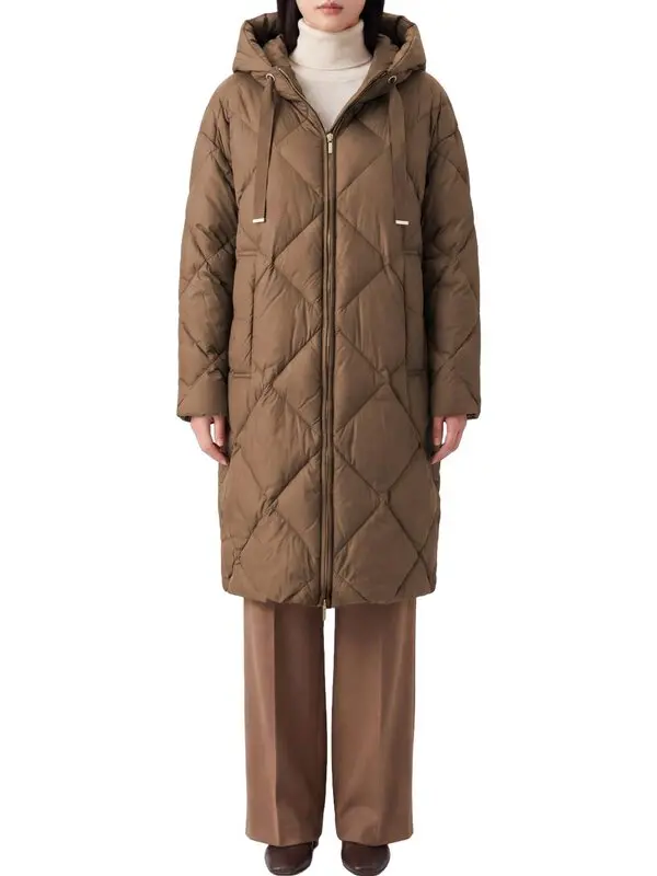 Max Mara Long Quilted Nylon Down Jacket With Drawstring Hood - Camel