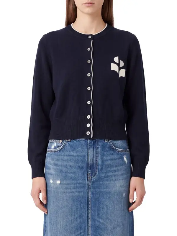 Isabel Marant Étoile Cotton And Wool Crewneck Cardigan With Contrast Logo - Navy