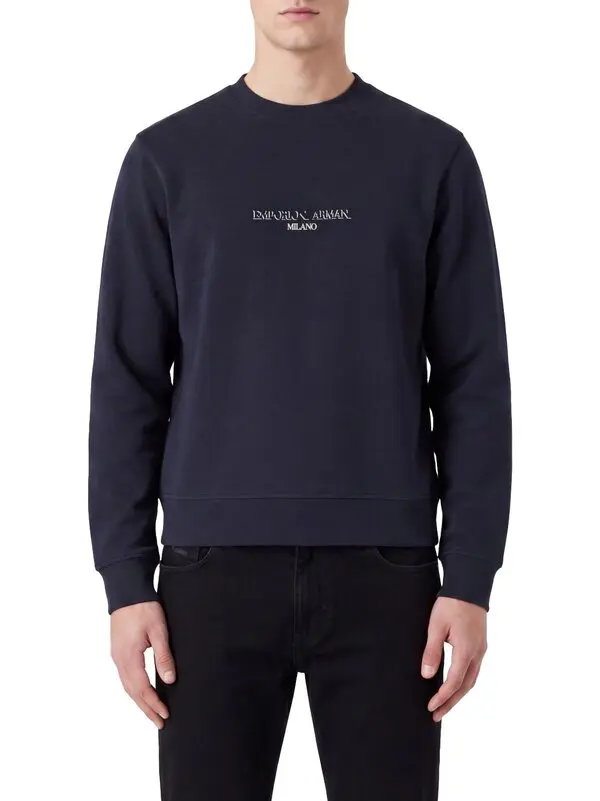 Emporio Armani Crewneck Cotton Sweatshirt With Contrast Embroidered Logo - Blue