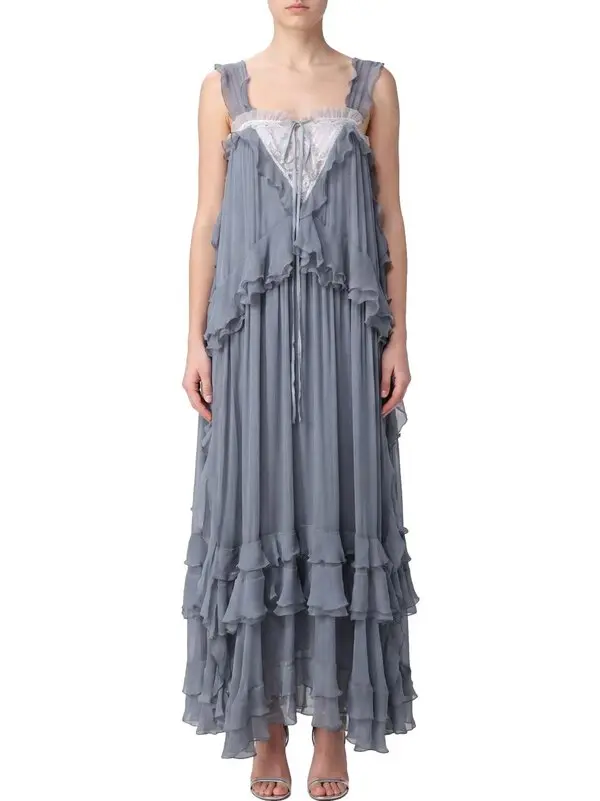 Chloé Long Ceremony Gown In Organic Silk With Lace Inserts - Green