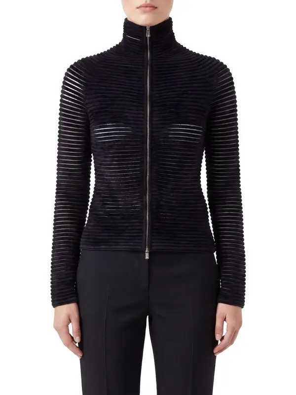 Giorgio Armani Ribbed Knit Zip-up Turtleneck Cardigan - Black