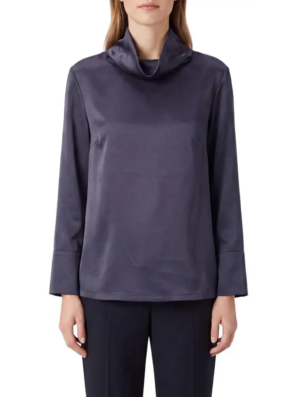 BY MALENE BIRGER Satin Funnel Neck Long Sleeve Blouse - Black
