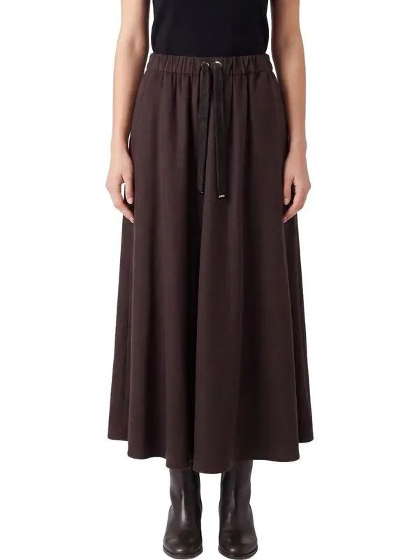 Herno Flared Wool Blend Knit Midi Skirt With High Waist And Drawstring - Black