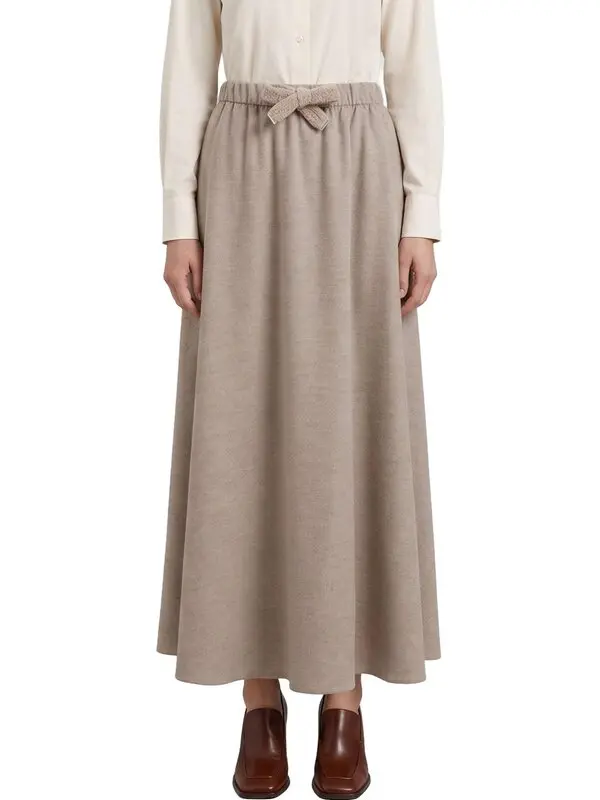 Herno Flared Wool Blend Knit Midi Skirt With High Waist And Drawstring - Cream
