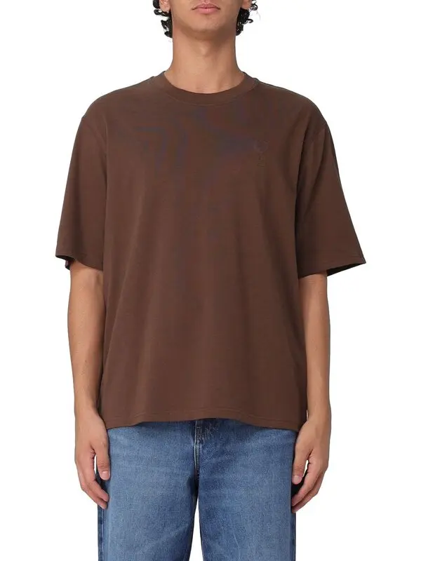 AMI Paris Short-sleeved Cotton T-shirt With Front Logo Print - Beige