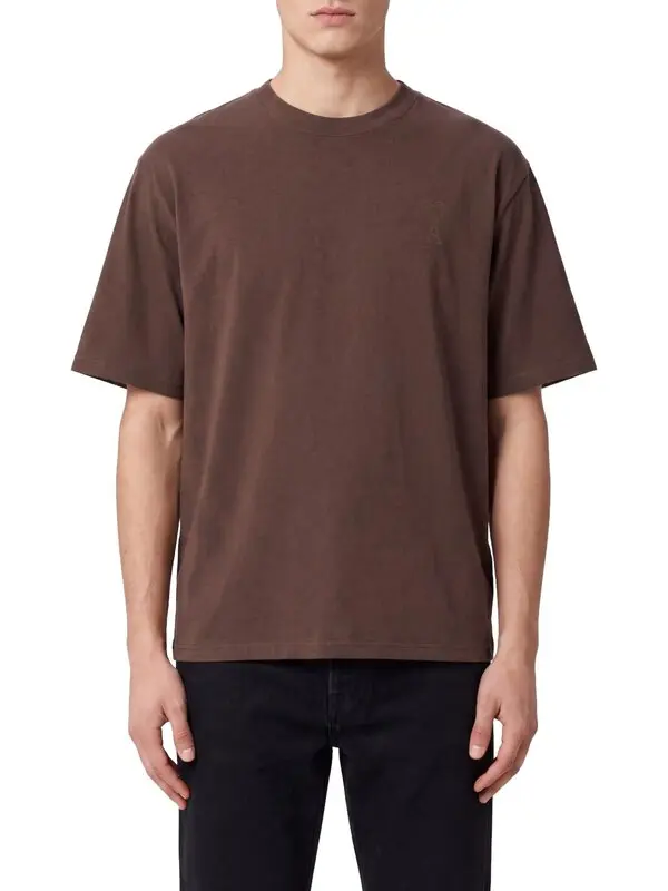 AMI Paris Short-sleeved Cotton T-shirt With Front Logo Print - Brown