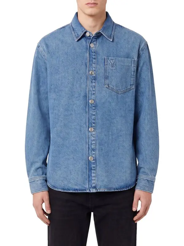 AMI Paris Cotton Denim Shirt With French Collar And Concealed Buttoning - Gnawed Blue