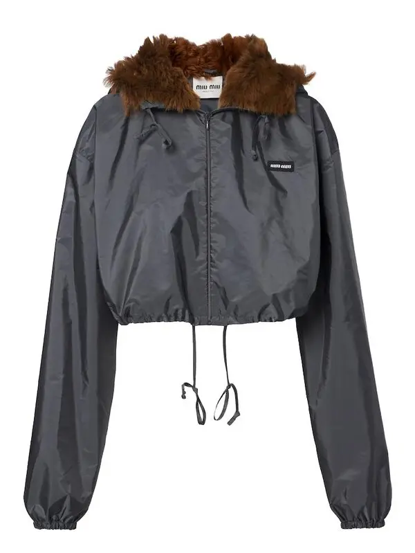 Miu Miu Shearling-trimmed Cropped Technical Jacket - Grey