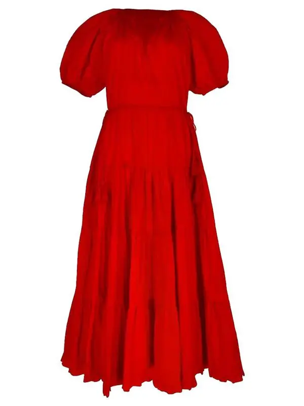 Ulla Johnson Cotton Puff Sleeve Tiered Maxi Dress - Red