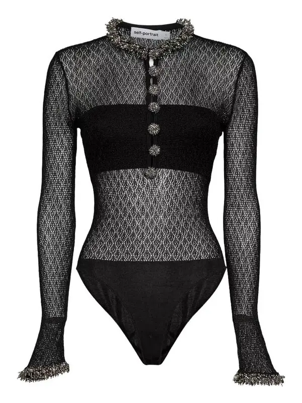 SELF-PORTRAIT Beaded Mesh Bodysuit - Black