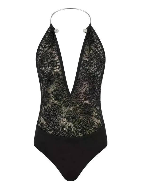Philipp Plein Monogram Strass Piercing Collar Open Back Bodysuit - Black
