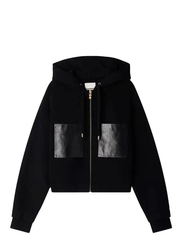 Sandro Hooded Cardigan With Leather Trim - Black