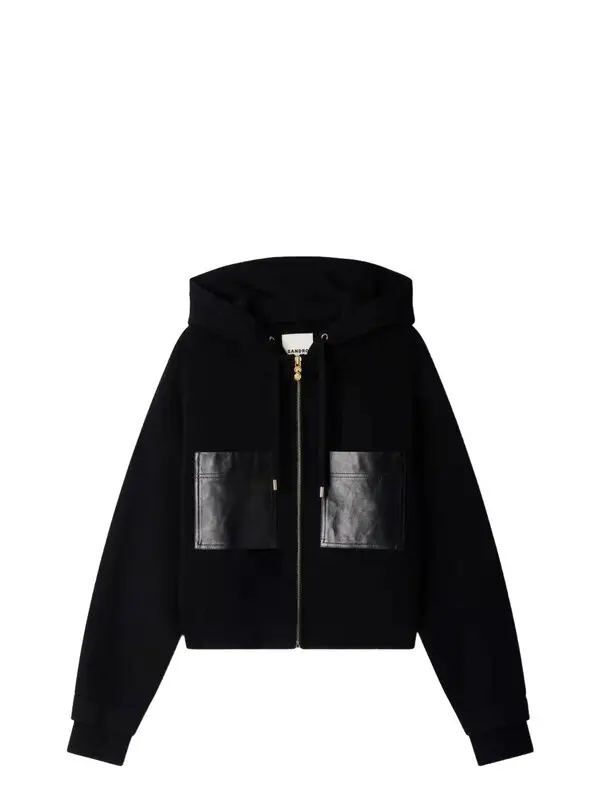 Sandro Hooded Cardigan With Leather Trim - Black