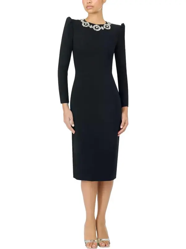 Jenny Packham Crystal Embellished Round Neck Long Sleeve Dress - Black