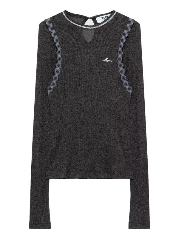 MSGM Long Sleeve T-shirt With Ruffled Trim And Embroidered Logo - Grey