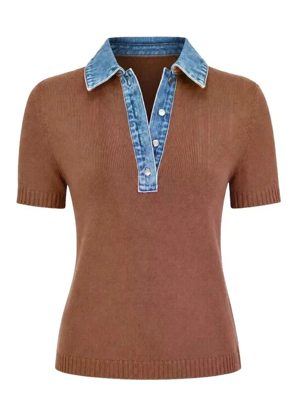 SEROYA Erika Denim-collar Polo Top - Brown